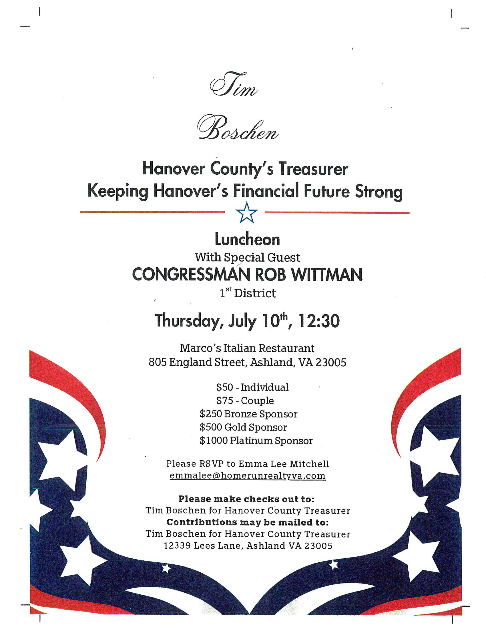 Congressman Rob Wittman joins HC Treasurer Tim Boschen on July 10th to ...